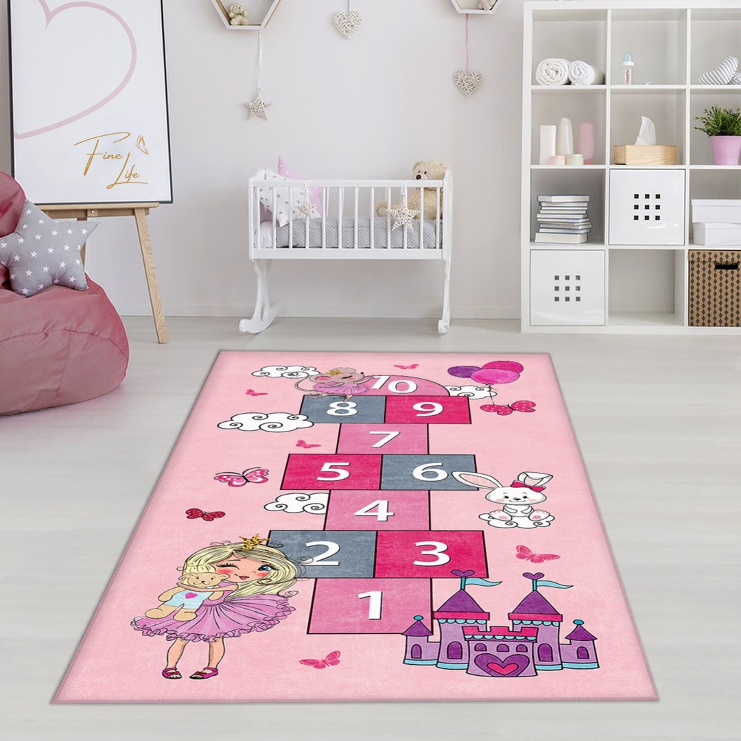 Pink Hopscotch Rug, Girl Room Mat, Kids Room Decor, Princess Themed ...