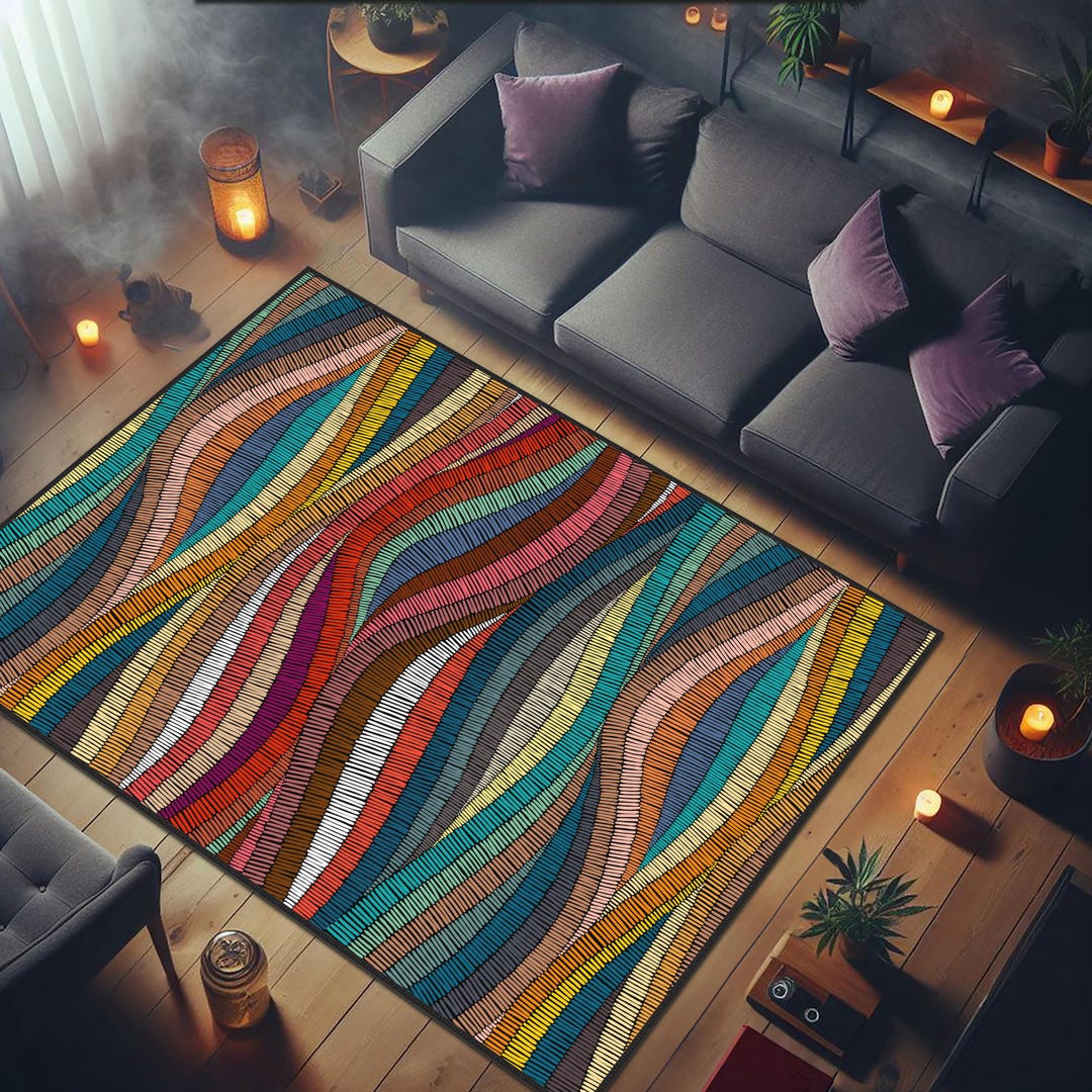 Colorful Geometric Wave Pattern Rug, Vibrant Modern Carpet for Living ...