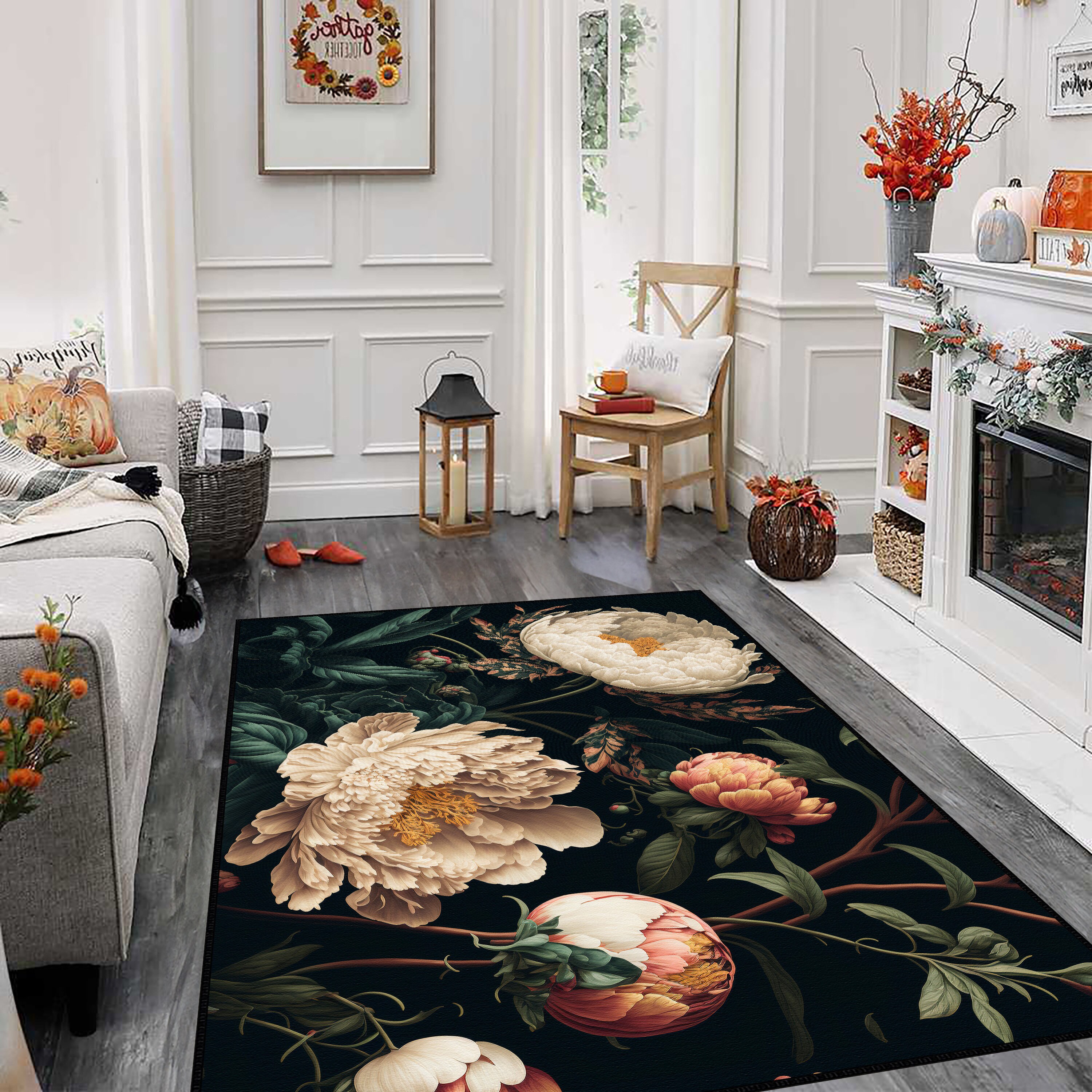 Black Rug, Floral Carpet, Rose Pattern Rug, Leafy Carpet, Living Room ...
