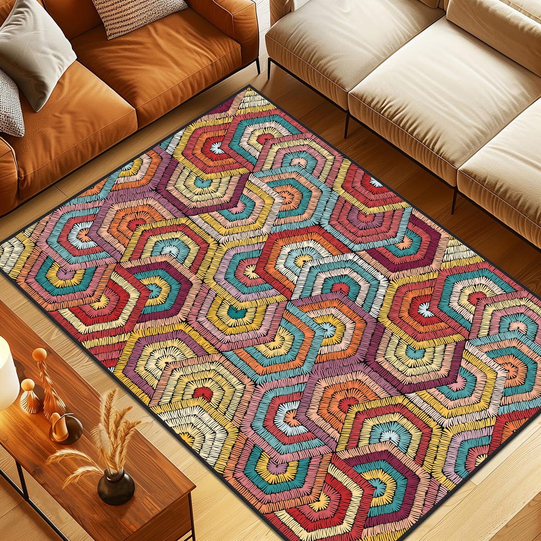 Colorful Geometric Patterned Area Rug for Living Room, Boho Hexagon ...