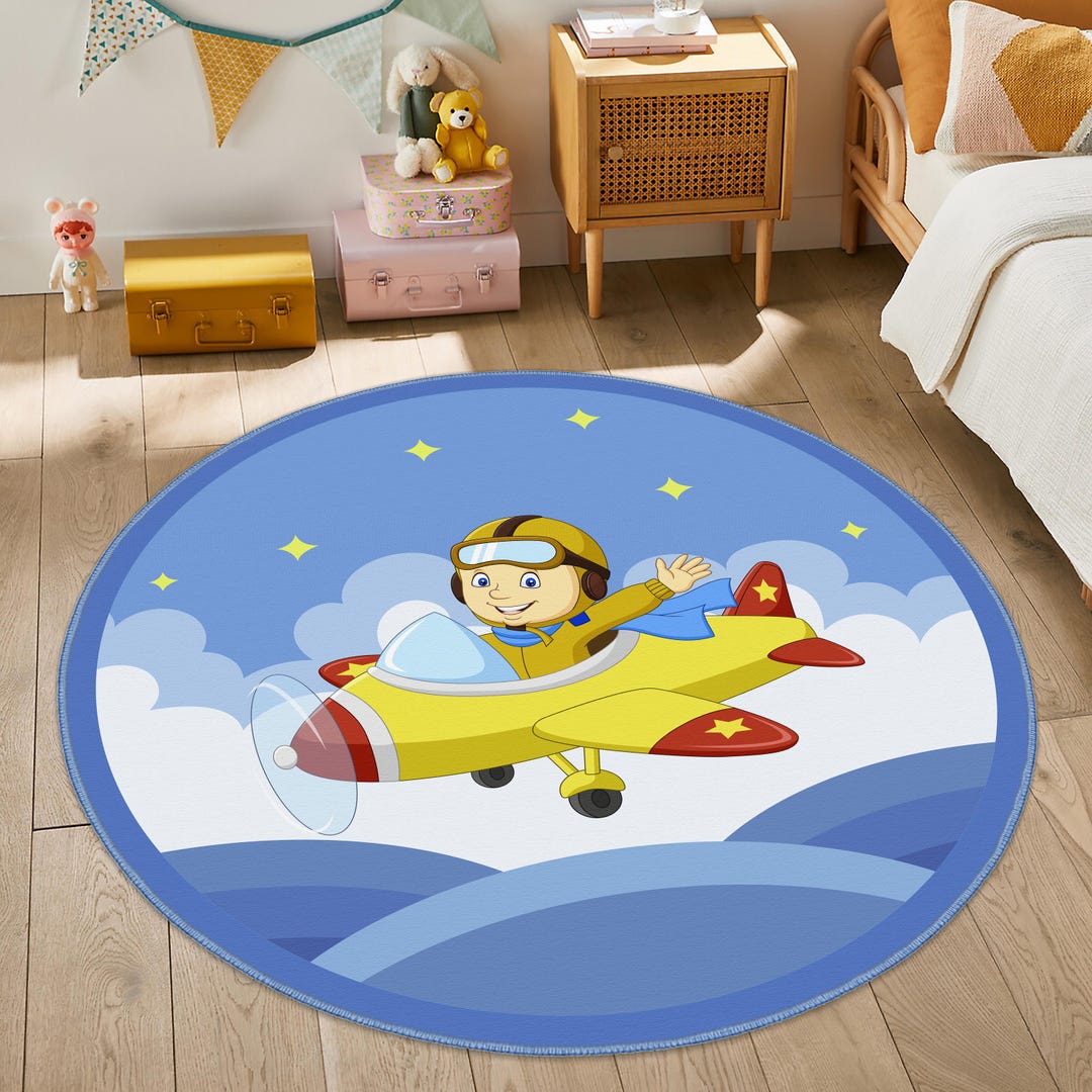 Airplane Kids Area Rug, Airplane Play Carpet, Flying Pilot Play Mat ...