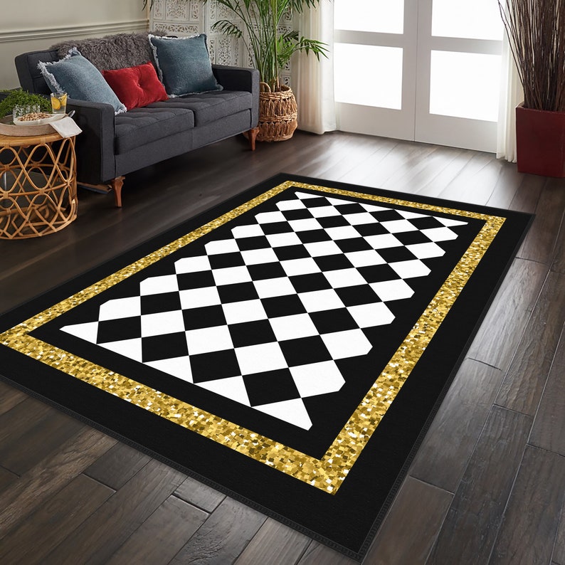 Checkered Rug,black Border on Check Pattern Non Slip Area Rug,black and ...