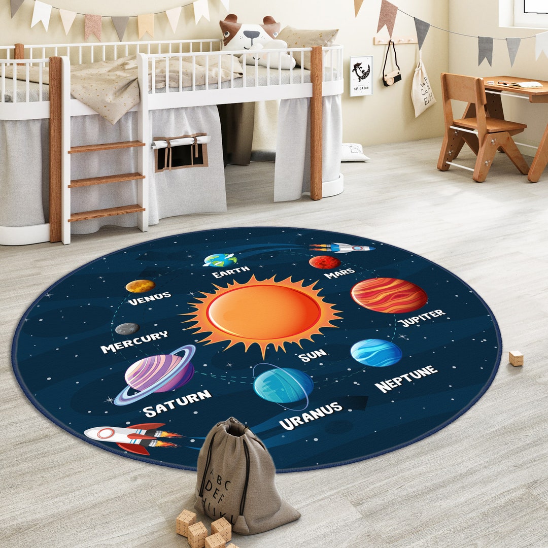 Space Themed Round Kids Rug, Kids Room Rug, Educational Play Mat ...