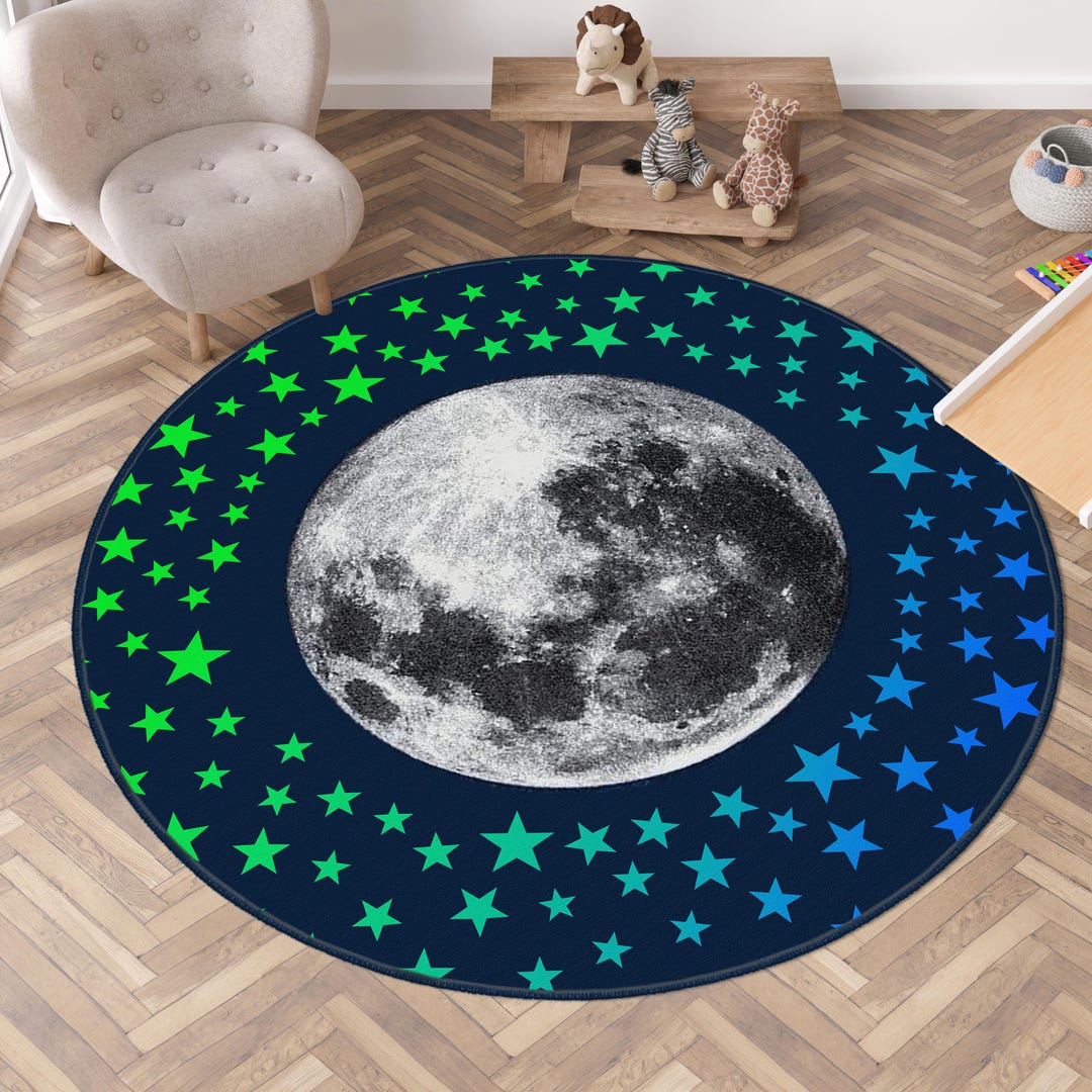 Space Themed Star Round Kids Rug, Kids Room Rug, Educational Play Mat ...