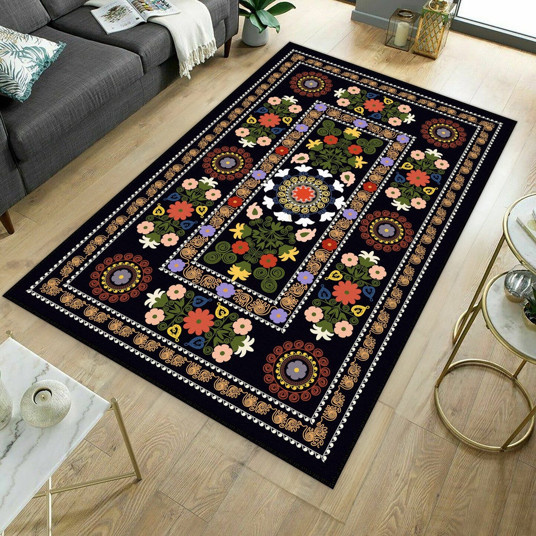 Black Rug, Floral Carpet, Rose Pattern Rug, Leafy Carpet, Living Room ...