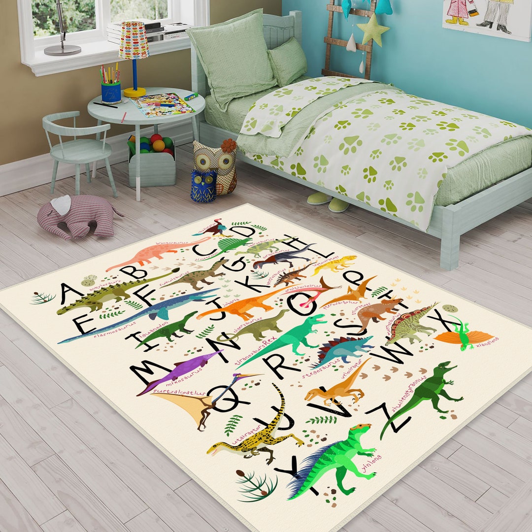 Alphabet Rug, Alphabet Nursery Rug, Dinosaur Kids Decor Rug, Cute ...