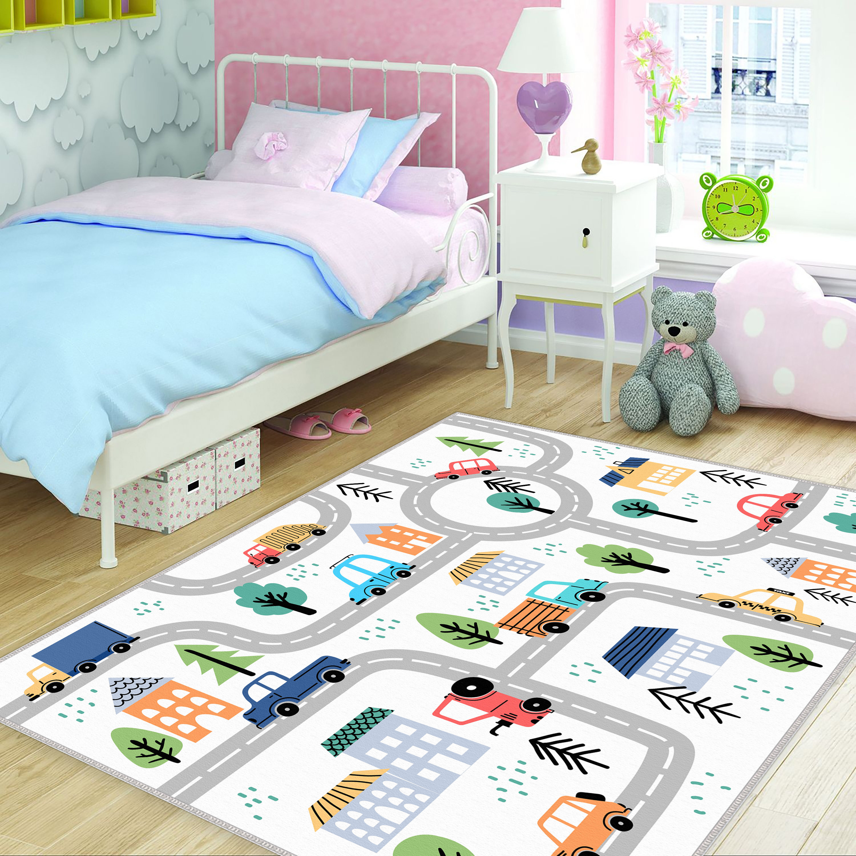 Car Kids Room Carpet, Road Pattern Playroom Carpet, Bus Activity Carpet ...