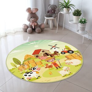 Farm Nursery Rug, Farm House Pattern Kids Area Rug, Happy Farm Animals ...
