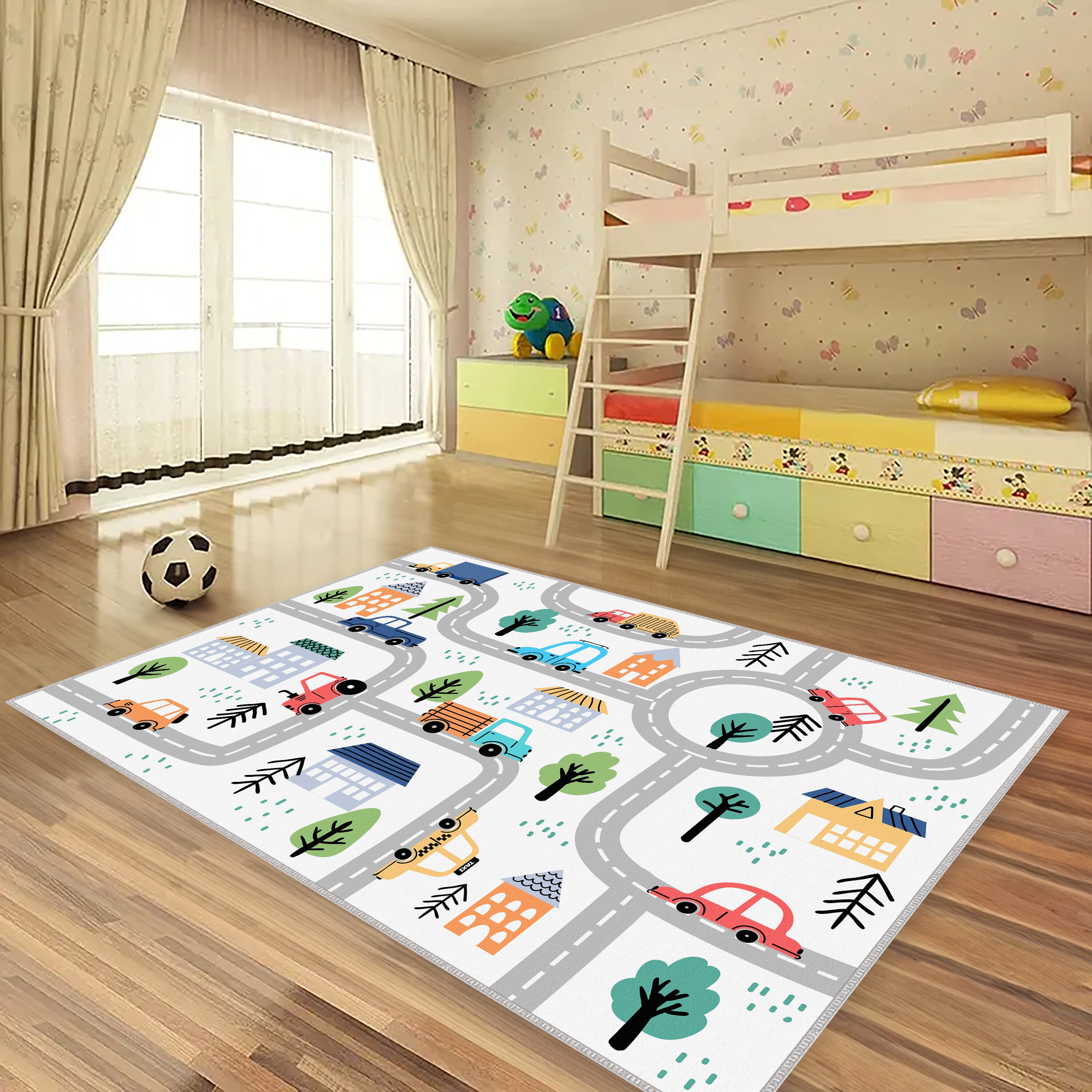 Car Kids Room Carpet, Road Pattern Playroom Carpet, Bus Activity Carpet ...
