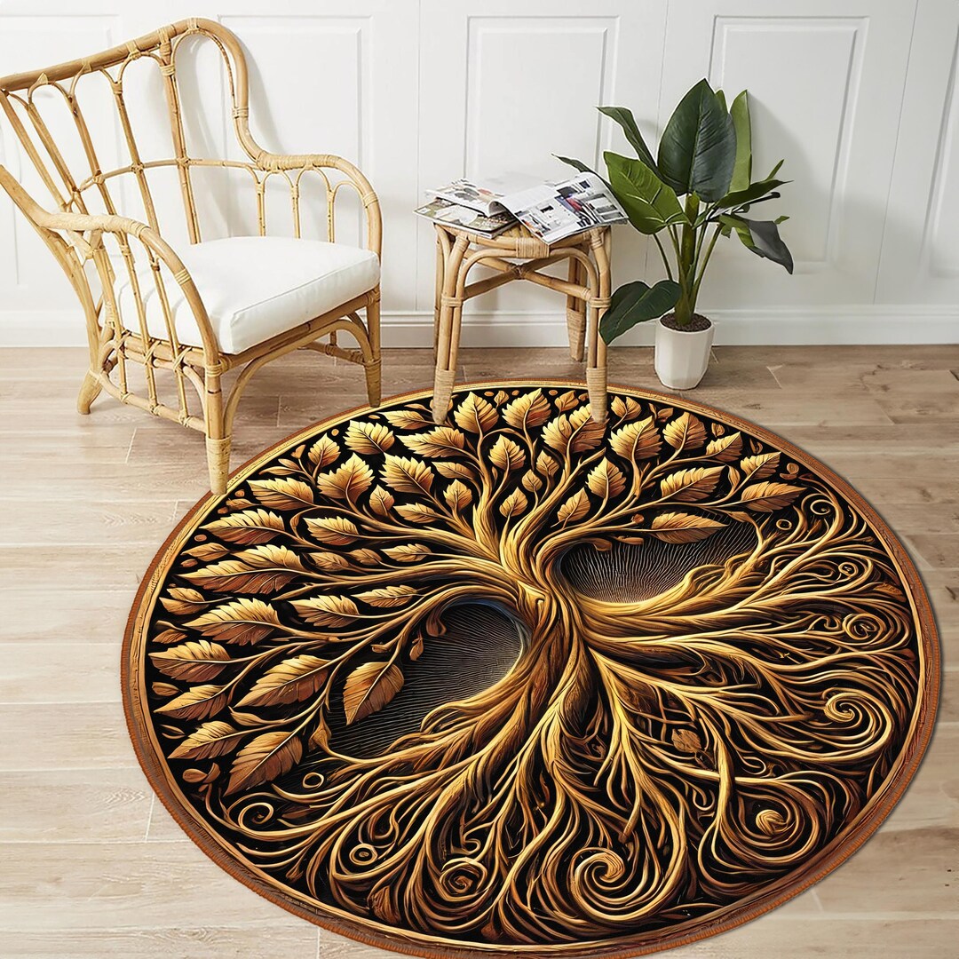 Tree of Life Round Carpet, Machine Washable Gold Rug, 3D Tree of Life ...
