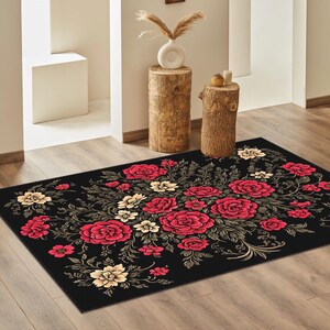 Black Rug, Floral Carpet, Rose Pattern Rug, Leafy Carpet, Tropical Rug ...