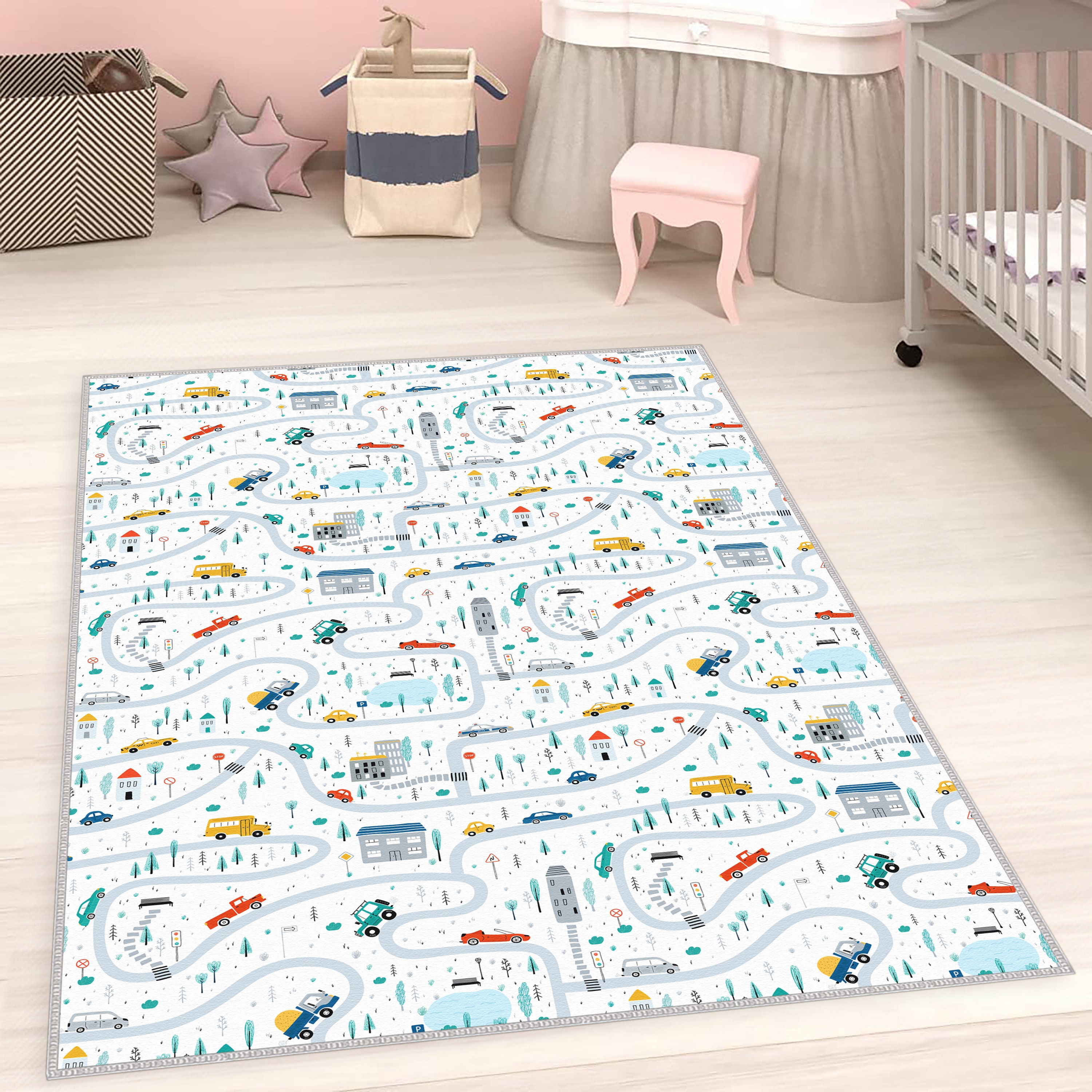Car Kids Room Carpet, Road Pattern Playroom Mat, Bus Activity Rug ...
