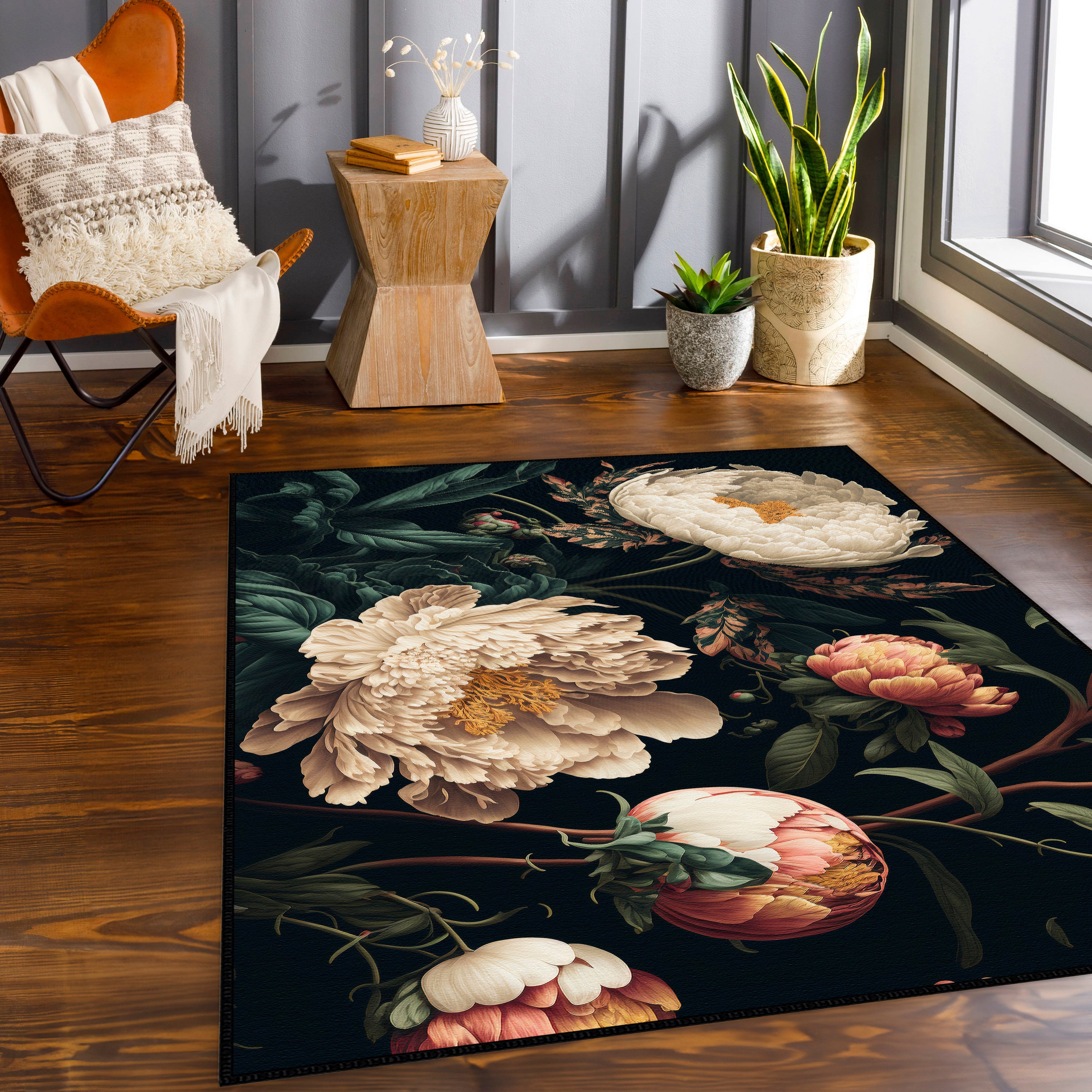 Black Rug, Floral Carpet, Rose Pattern Rug, Leafy Carpet, Living Room ...