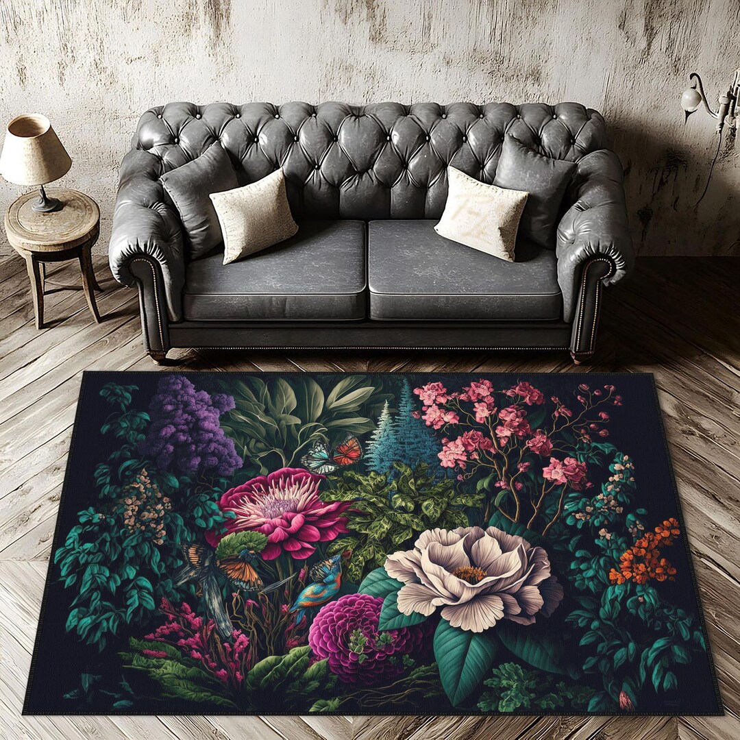 Black Floral Carpet, Rose Pattern Rug, Purple Floral Carpet, Forest ...