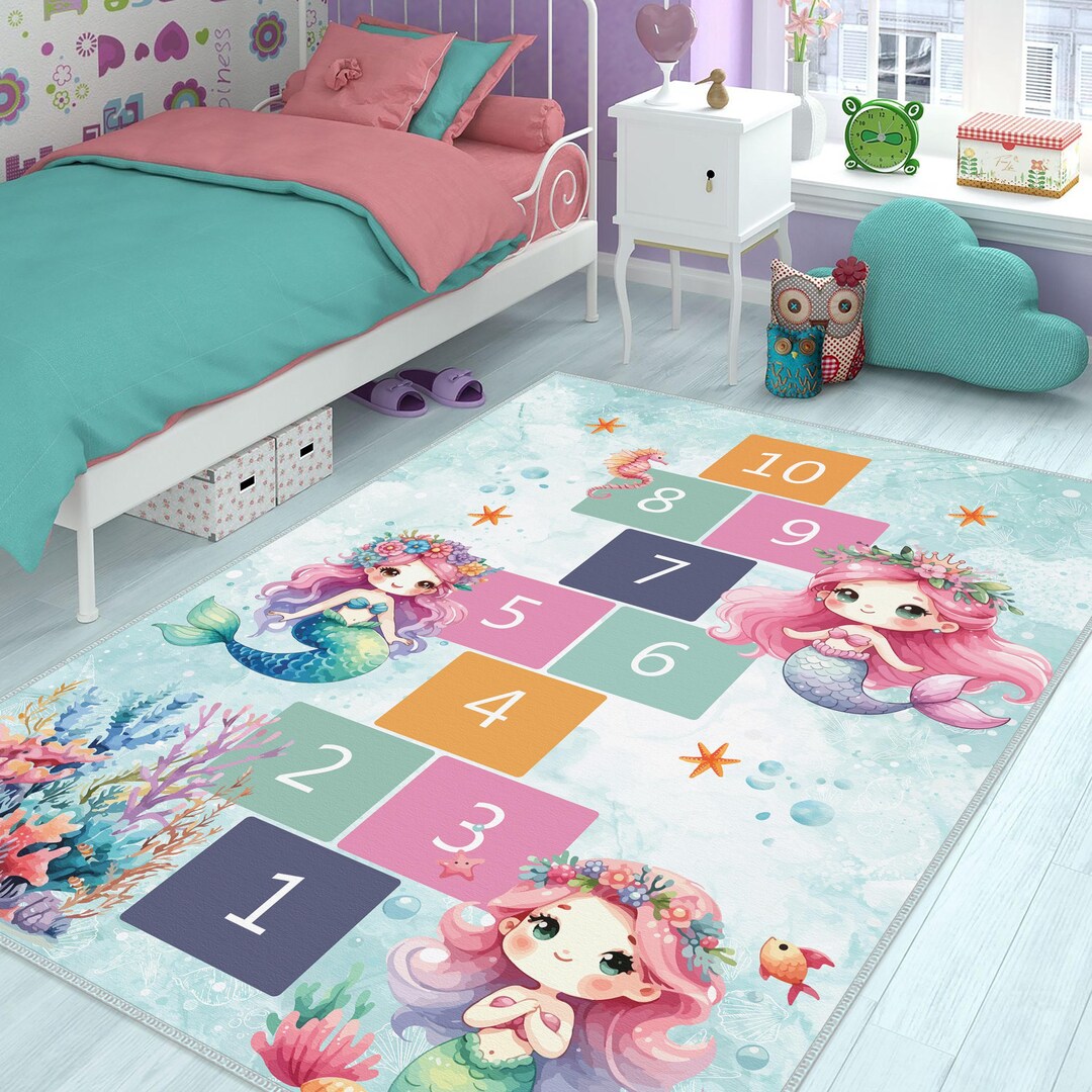 Hopscotch Activity Rug,mermaid Rectangular Toddler Carpet,numbers ...