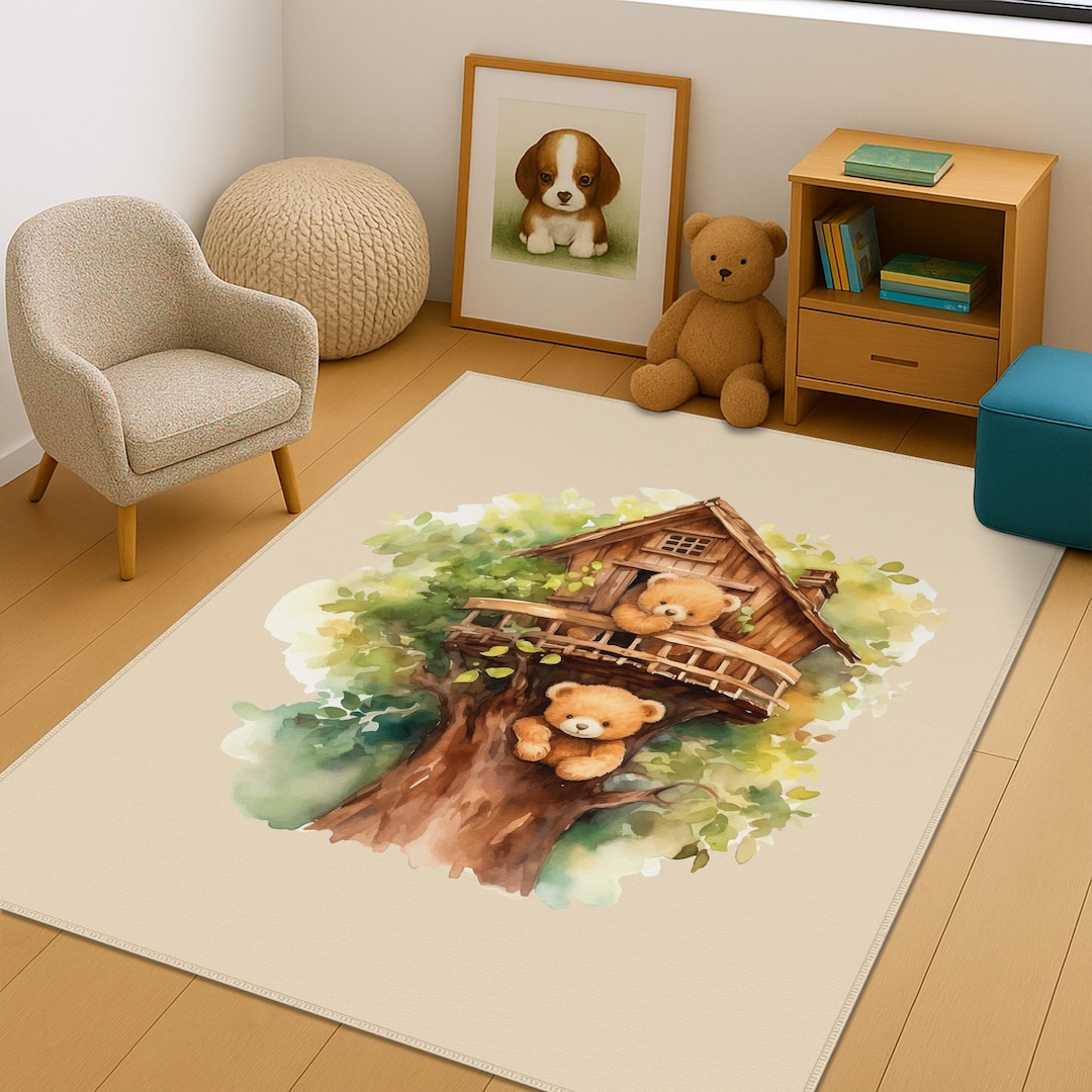 Cute Watercolor Bear Treehouse Rug for Kids' Room, Cozy Bedroom Decor ...