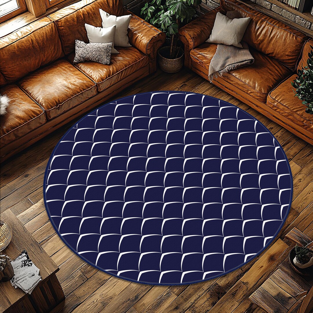 Soft Blue White Rug, Navy Blue Rug, Modern Round Area Rug, Navy Blue ...
