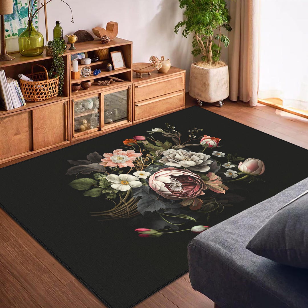Black Rug, Floral Carpet, Rose Pattern Rug, Leafy Rug, Living Room ...