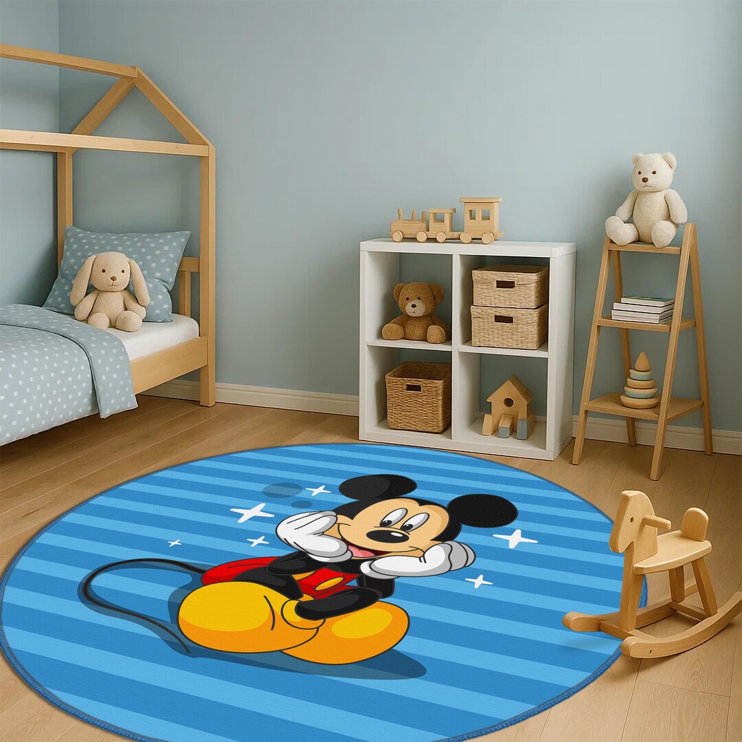 Mickey Mouse Kids Rug, Blue Kids Round Rug, Mickey Mouse Rug,nursery ...