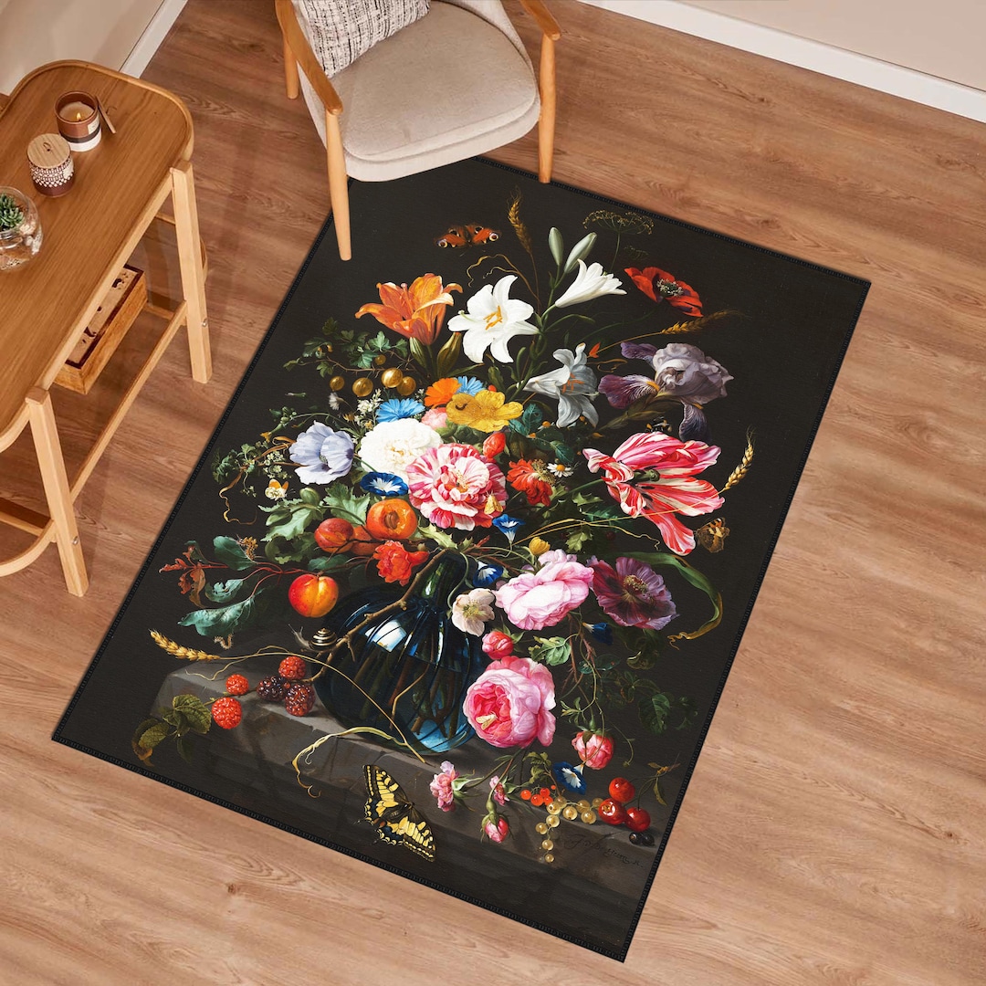 Black Rug, Floral Carpet, Rose Pattern Rug, Leafy Carpet, Living Room ...