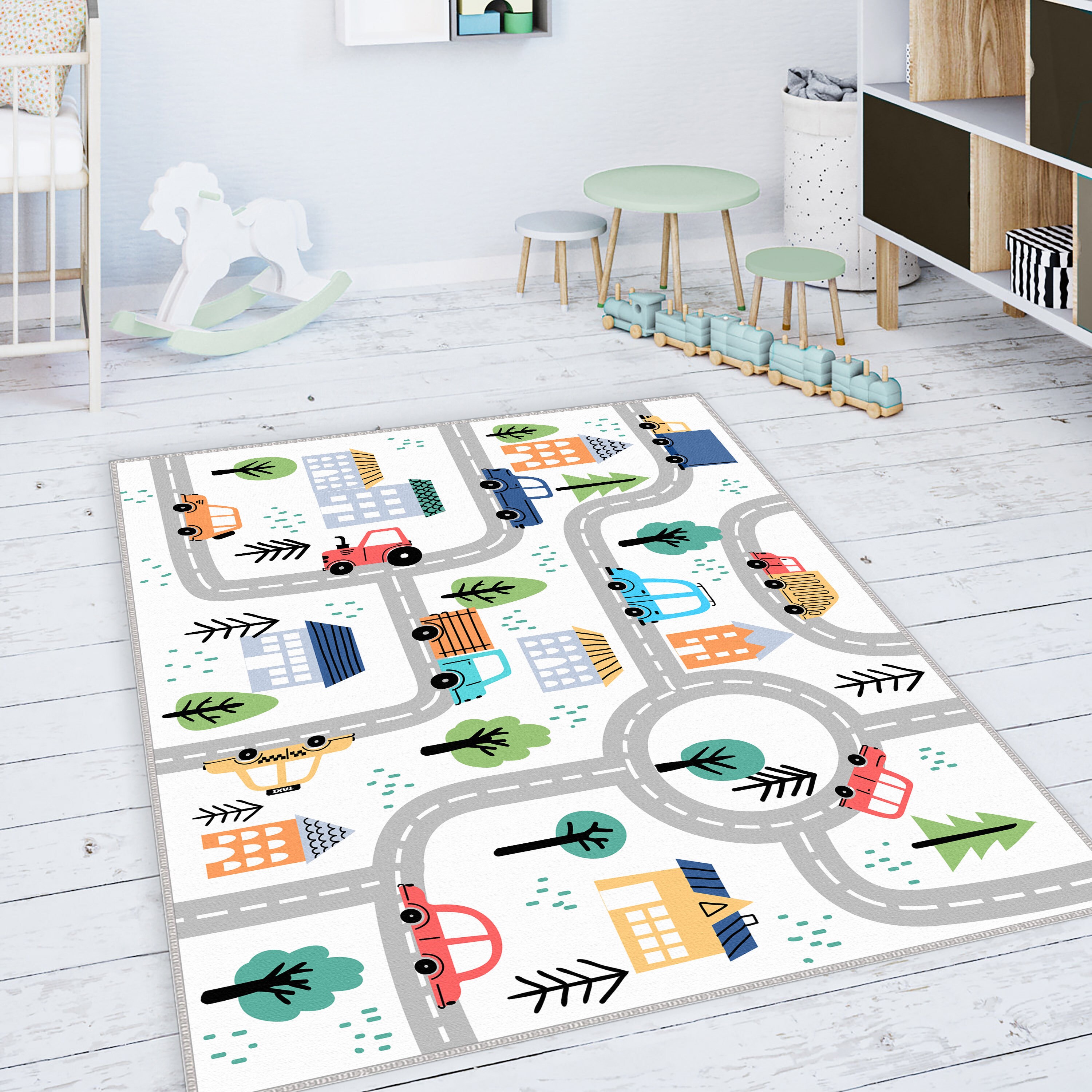 Car Kids Room Carpet, Road Pattern Playroom Carpet, Bus Activity Carpet ...