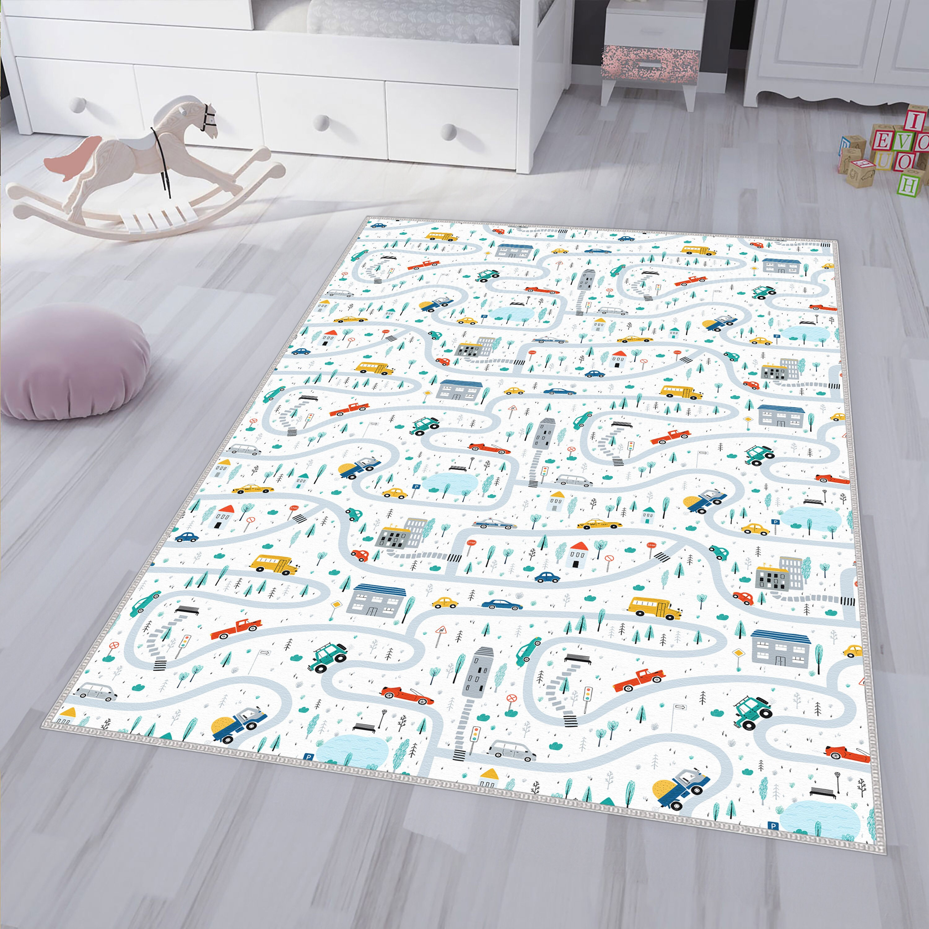 Car Kids Room Carpet, Road Pattern Playroom Mat, Bus Activity Rug ...