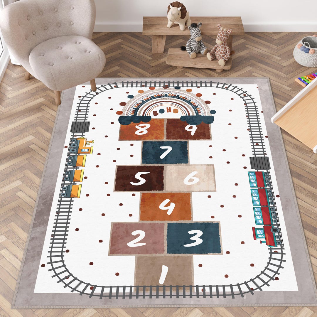 Hopscotch Desing Kids Rug, Hopscotch Train Track Design Kids Play Mat ...