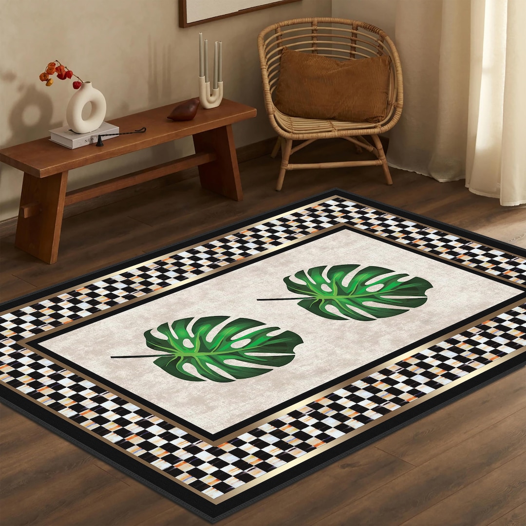 Checkered Rug, Black Border on Check Pattern Area Rug, Black and White ...
