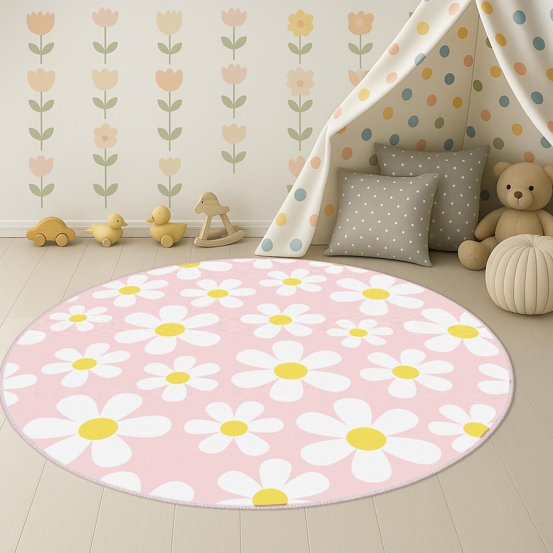 Daisy Kids Rug, Pink Daisy Play Mat, Daisy Flower Rug, Nursery Rug ...