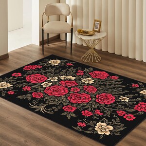 Black Rug, Floral Carpet, Rose Pattern Rug, Leafy Carpet, Tropical Rug ...