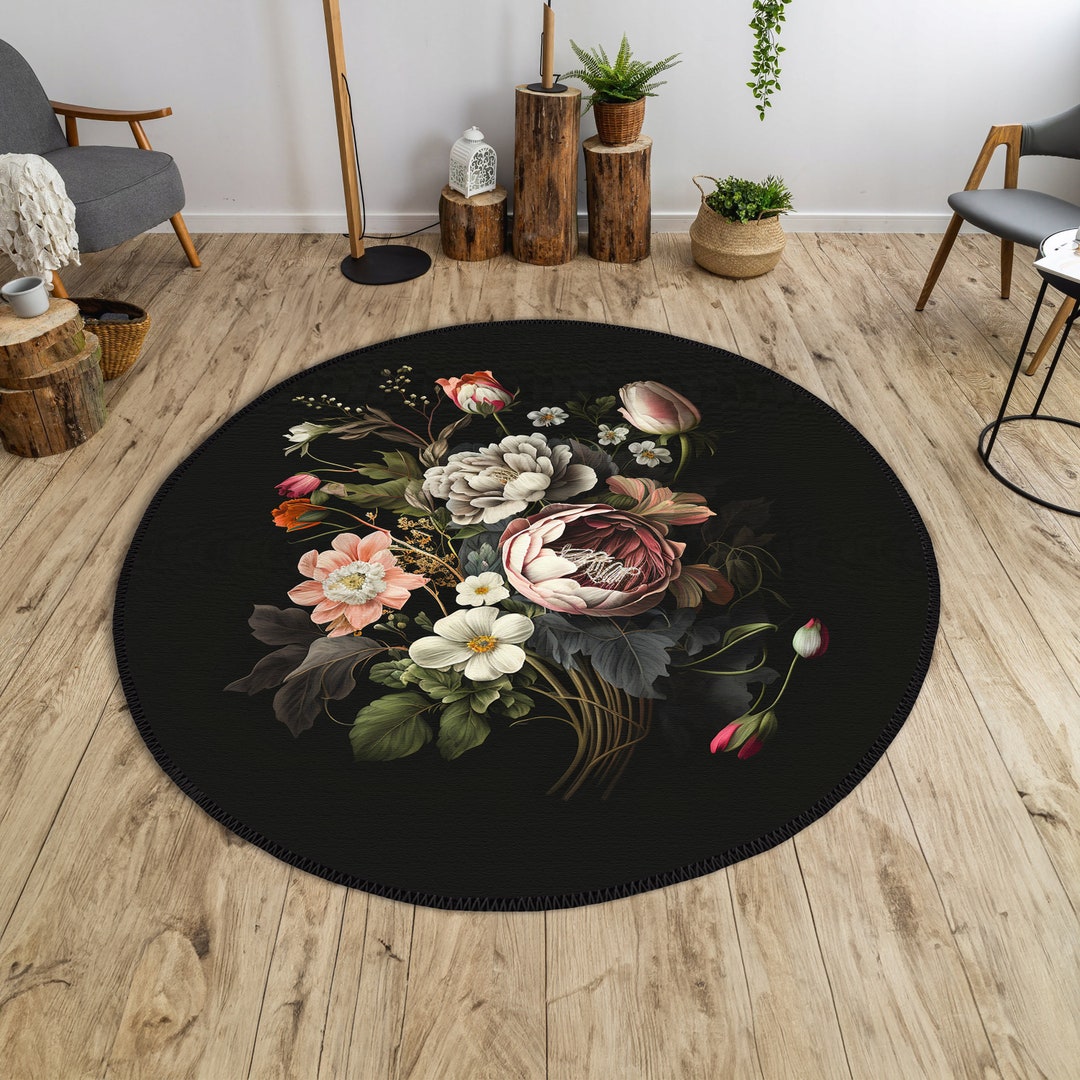Black Rug, Floral Carpet, Rose Pattern Rug, Leafy Rug, Living Room ...