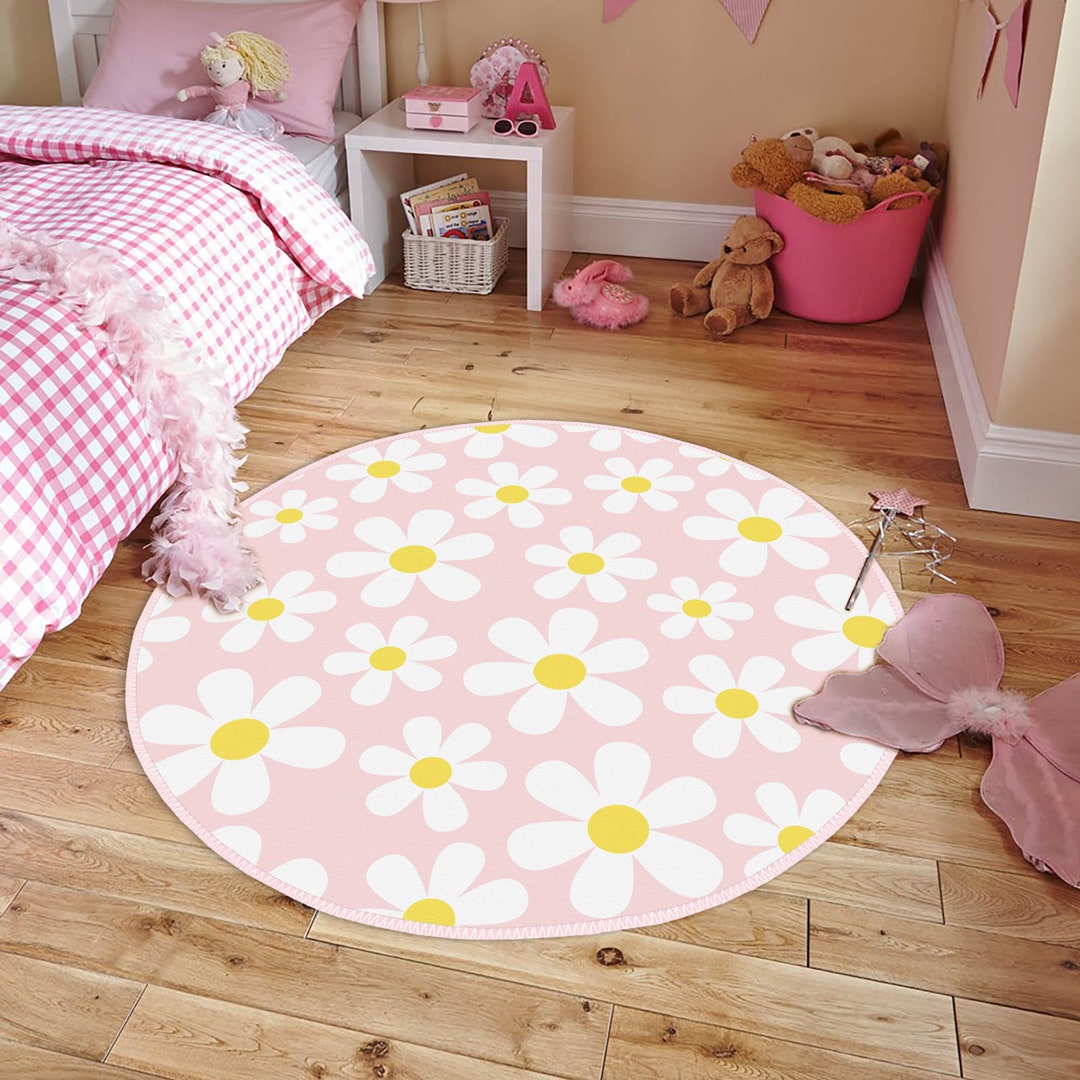 Daisy Kids Rug, Pink Soft Mat, Pink Daisy Rug, Daisy Flower Rug ...
