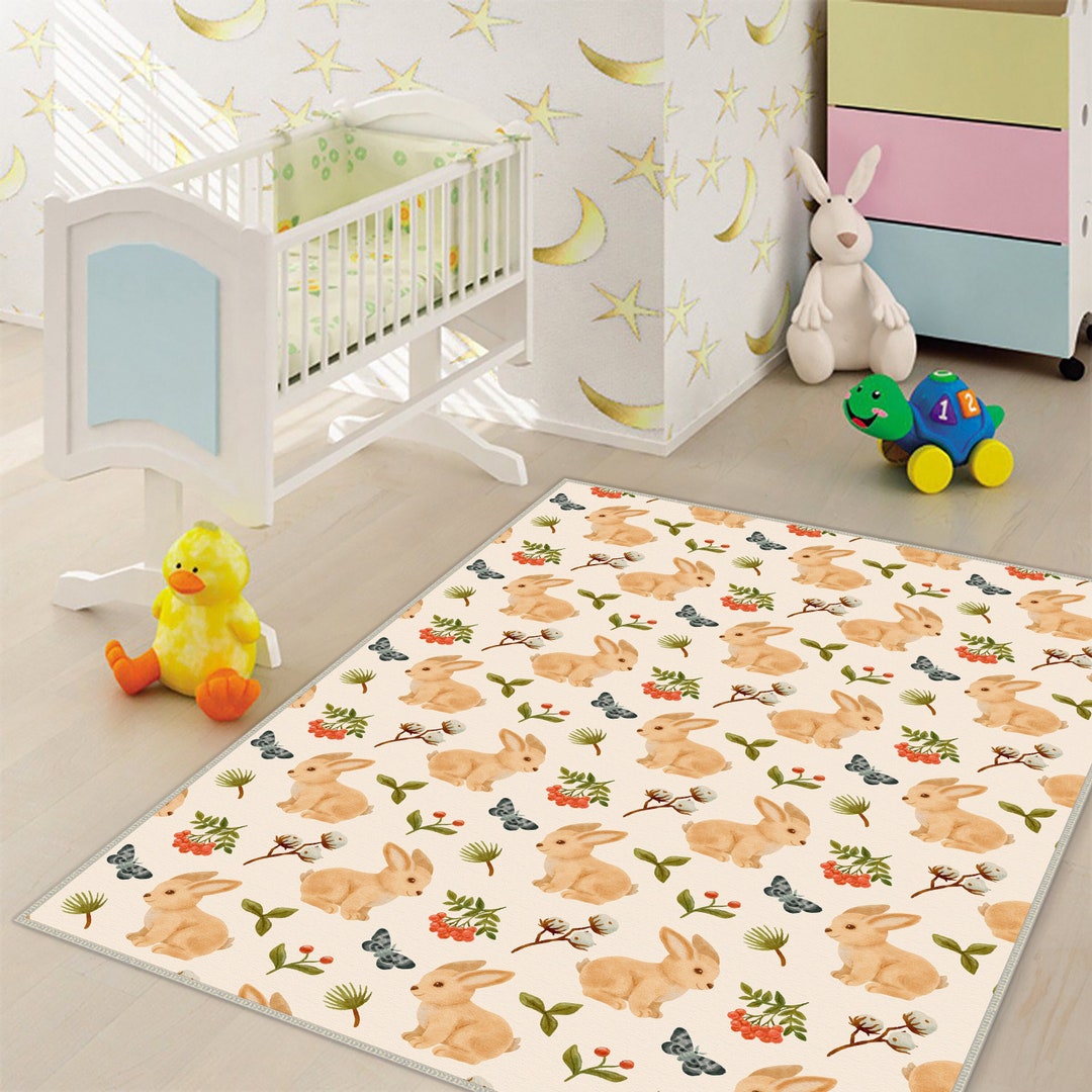 Cute Rabbit Kids Rug, Rabbit Design Carpet, Bunny Easter Rug, Baby ...