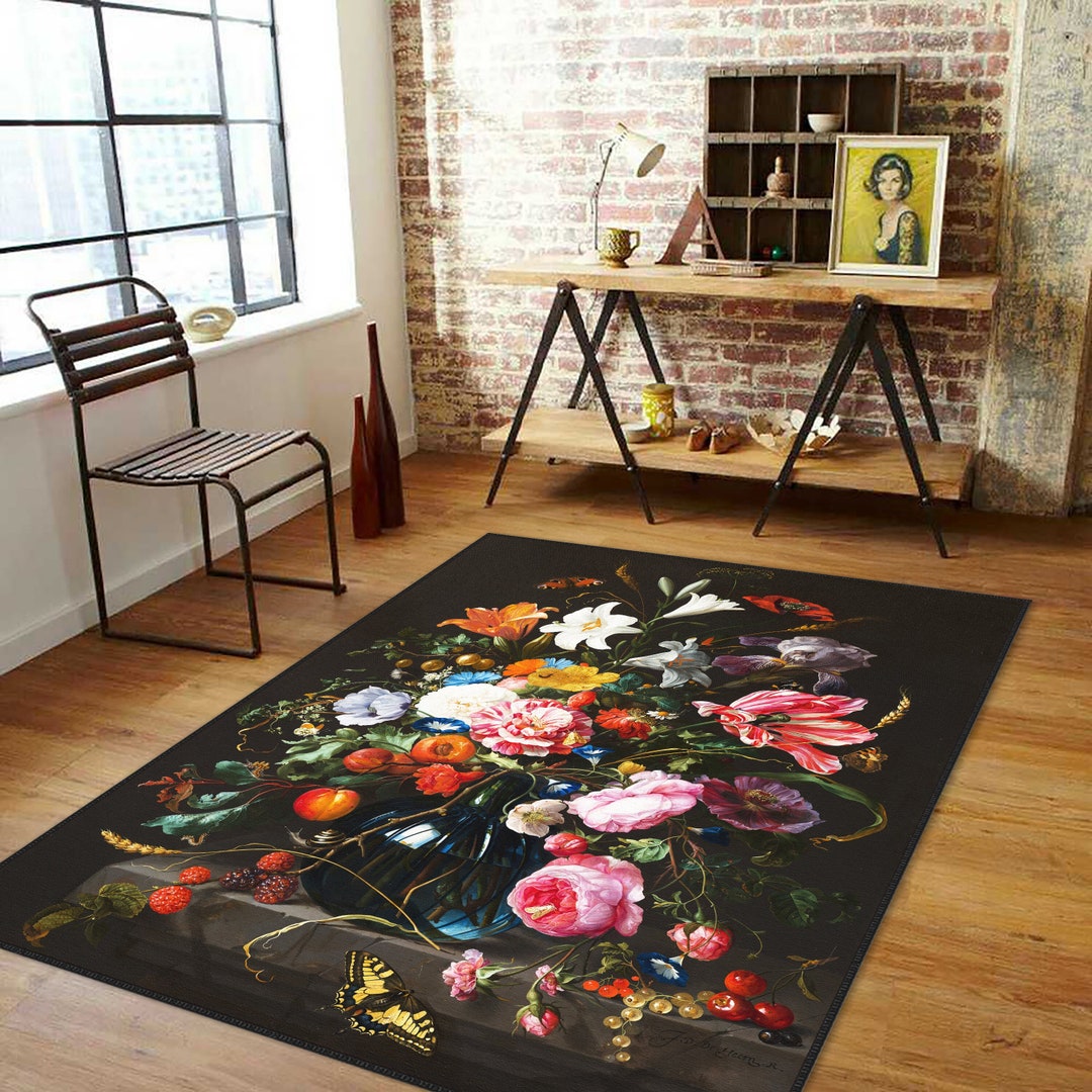Black Rug, Floral Carpet, Rose Pattern Rug, Leafy Carpet, Living Room ...