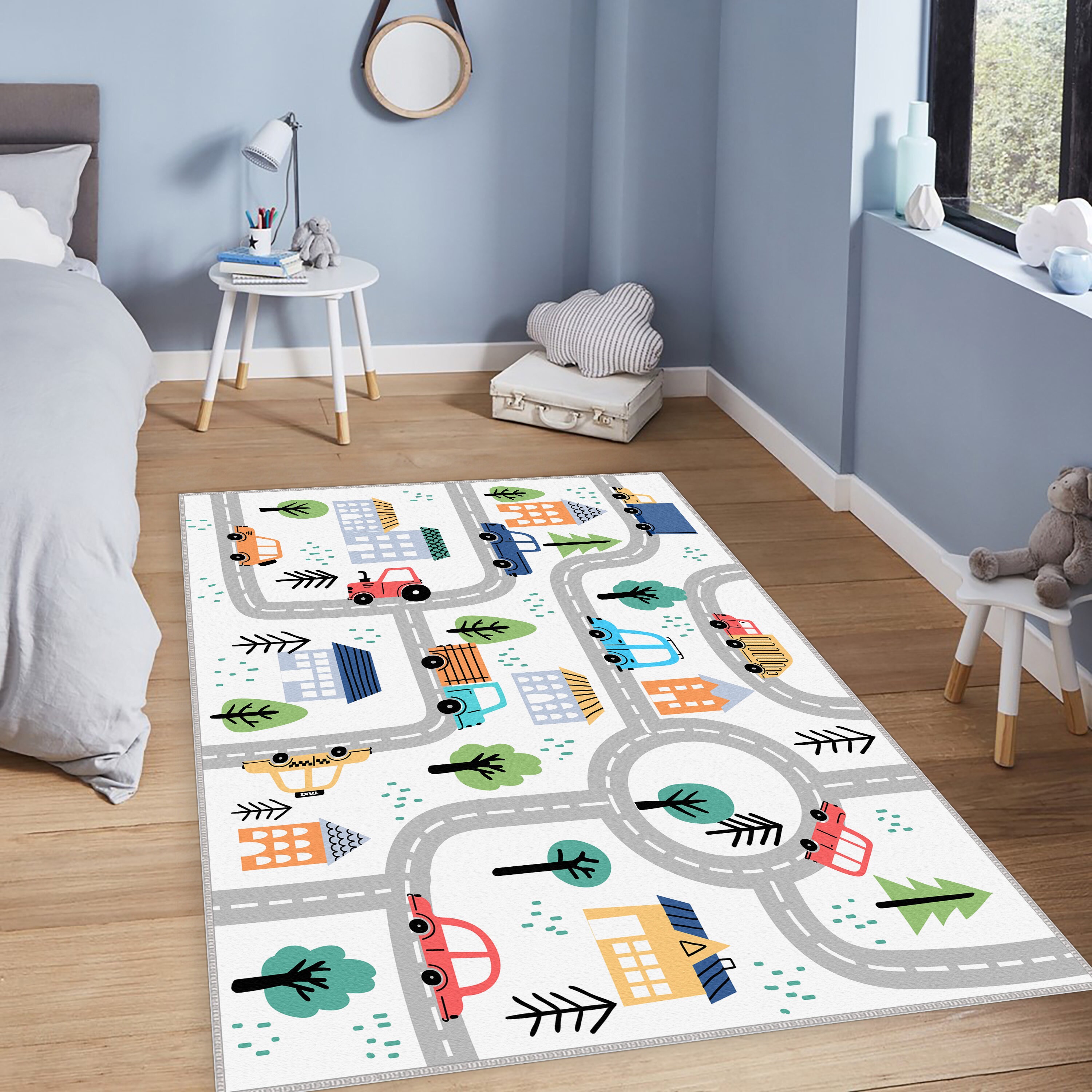 Car Kids Room Carpet, Road Pattern Playroom Carpet, Bus Activity Carpet ...