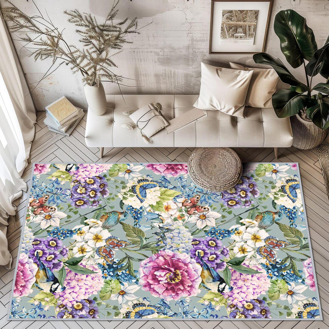 Colorful Floral Area Rug, Flower Living Room Rug, Tropical Carpet ...