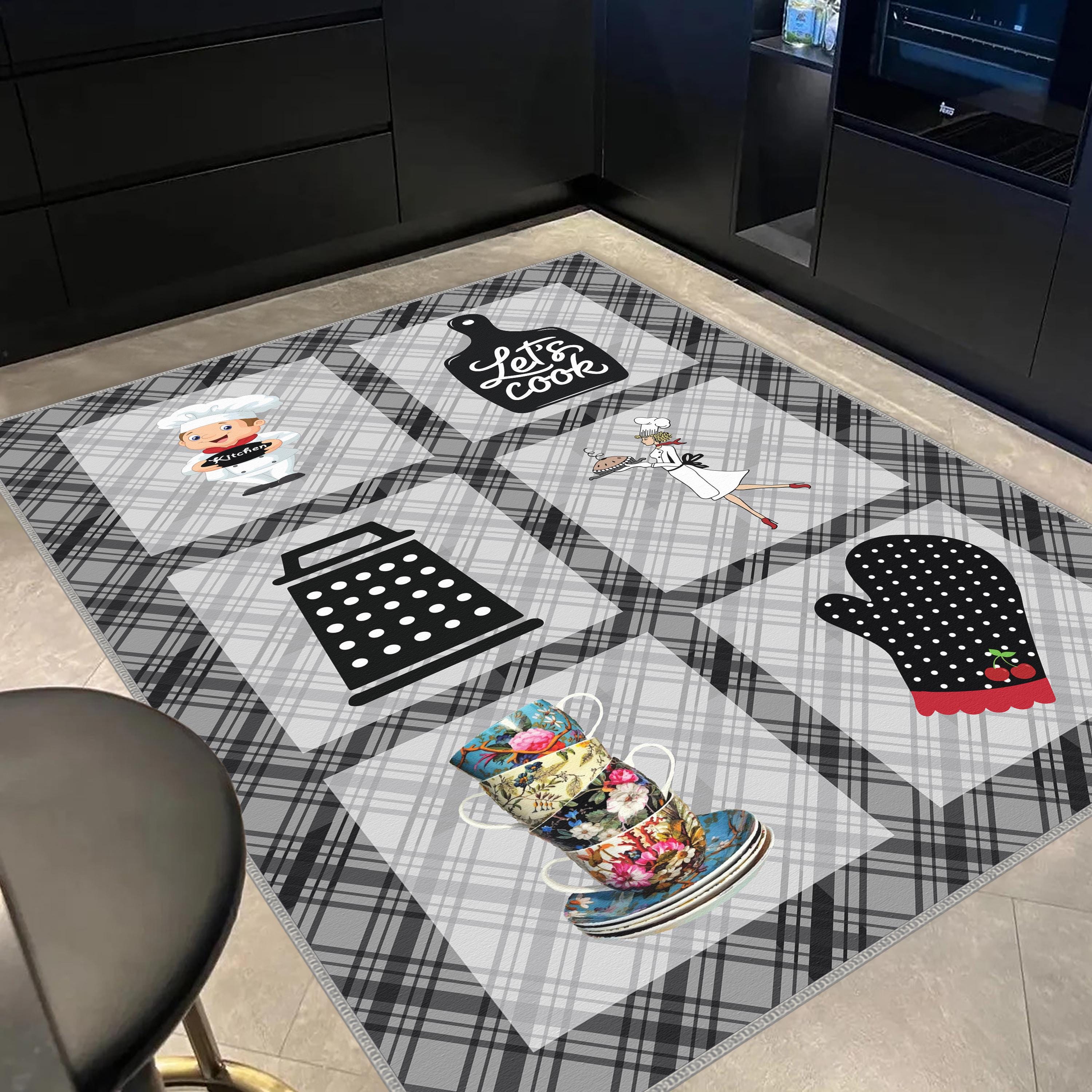 Gray Kitchen Rugs, Checkered Kitchen Rug, Washable Kitchen Rug, Modern ...