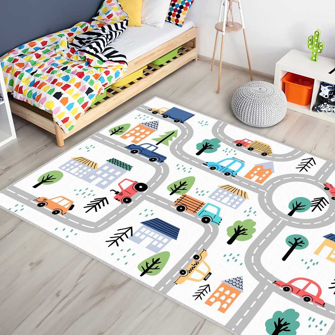Car Kids Room Carpet, Road Pattern Playroom Carpet, Bus Activity Carpet ...