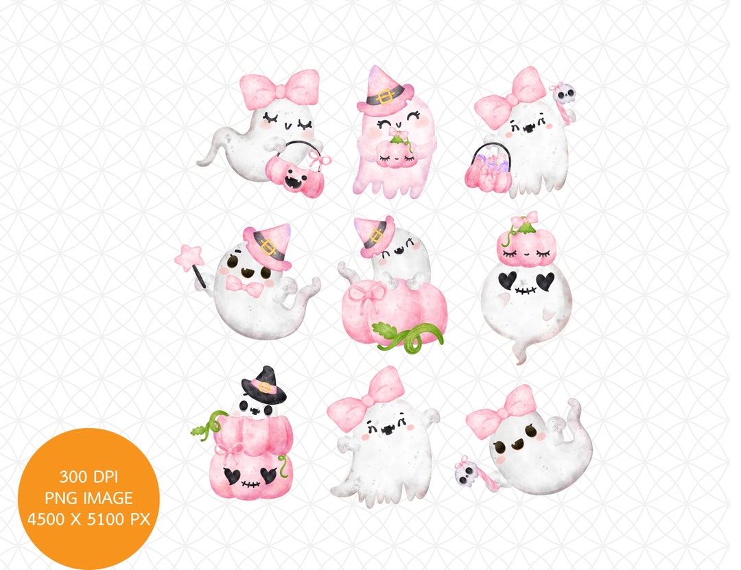 Halloween Pink Ghost Collage PNG Coquette Bows Pumpkins & Kawaii Ghosts ...