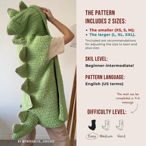 ADULT Dinosaur Vest Crochet Pattern | 2 Sizes: (xs-m) and (l-xxl ...