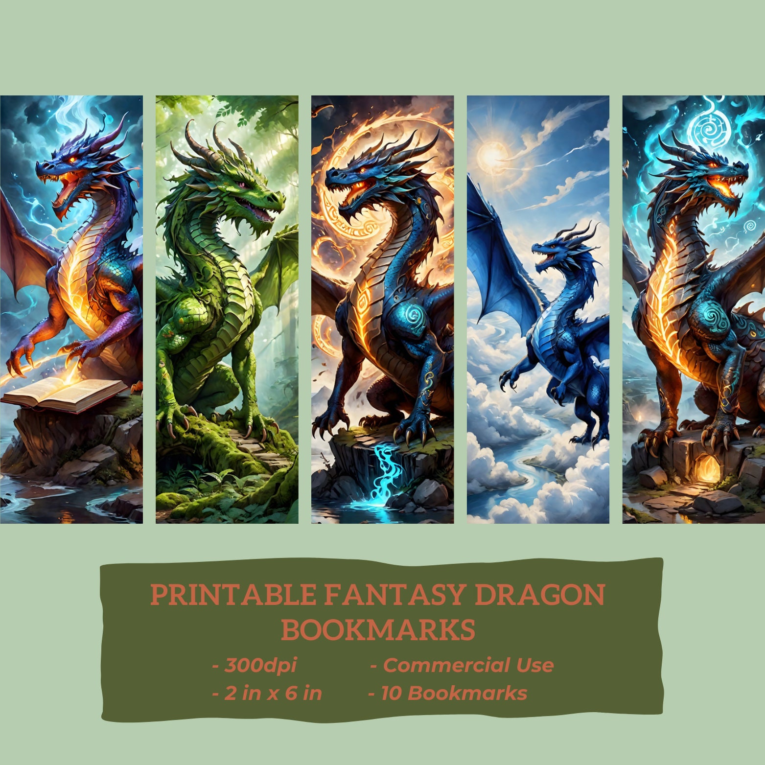 20 Fantasy Dragon Bookmark Designs, Printable Bookmarks Digital ...