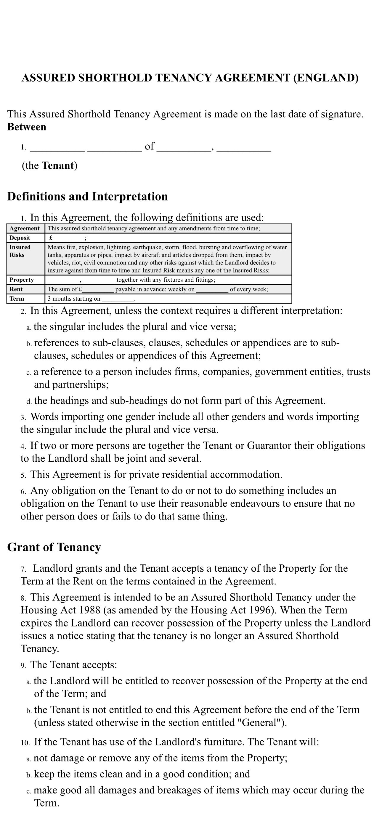 3 Month Tenancy Agreement UK- AST - Etsy UK