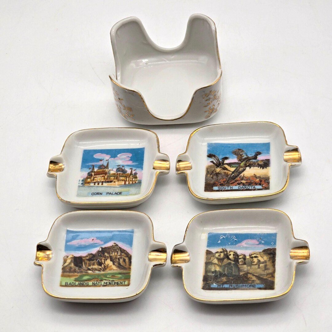 Vintage Japan Souvenir Ashtray Set With Holder - Gold Trimmed Ceramic ...
