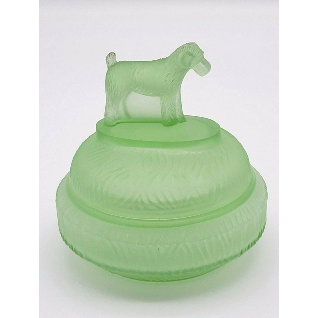 L.E. Smith "standing Terrier" Frosted Green Satin 1930's Glass Powder ...