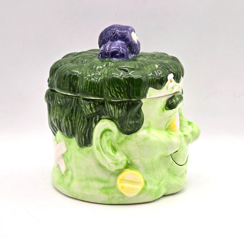 Frankenstein Head Cookie Candy Treats Jar With Purple Spider on Top Lid ...