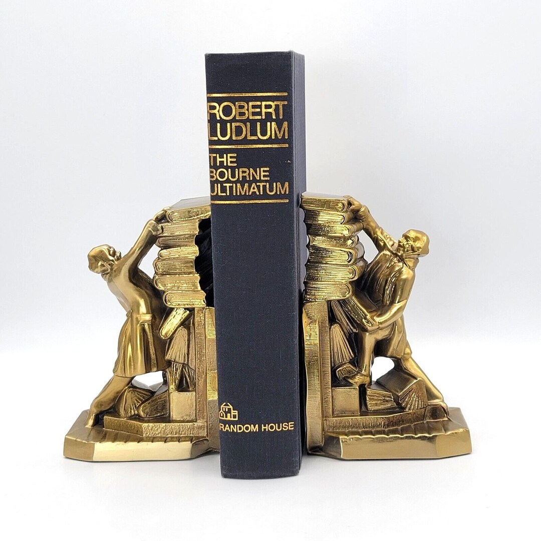 PM CRAFTSMAN Solid Brass Bookends Library Struggle 1970's Suede Leather ...