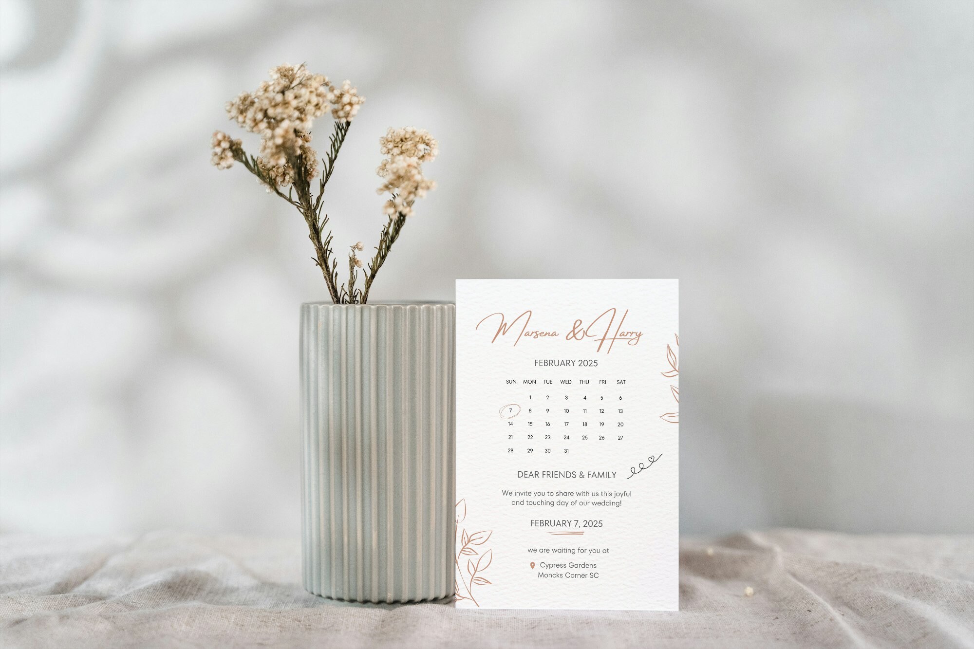 Wedding Calendar Invitation Calendar Invite Simple Minimalist Foliage ...