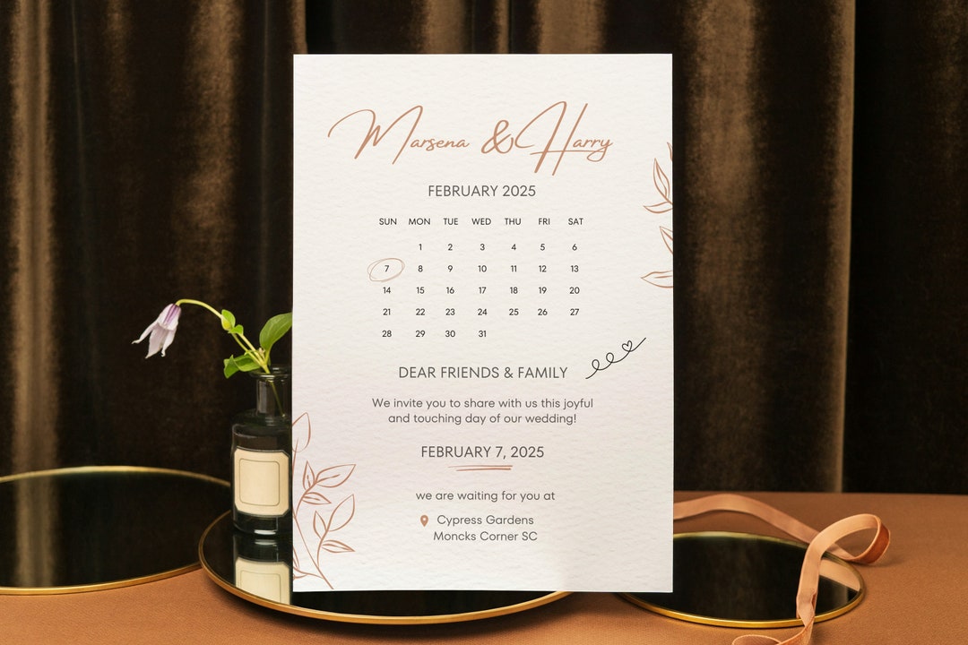 Wedding Calendar Invitation Calendar Invite Simple Minimalist Foliage ...