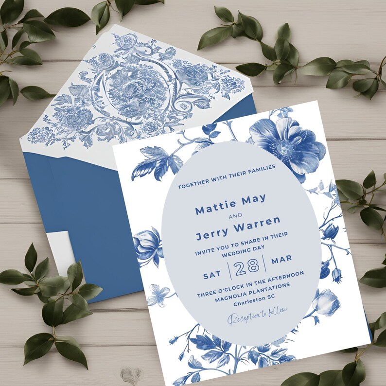 Blue Toile Wedding Invite French Rose Botanical Wedding Invite Dusty ...