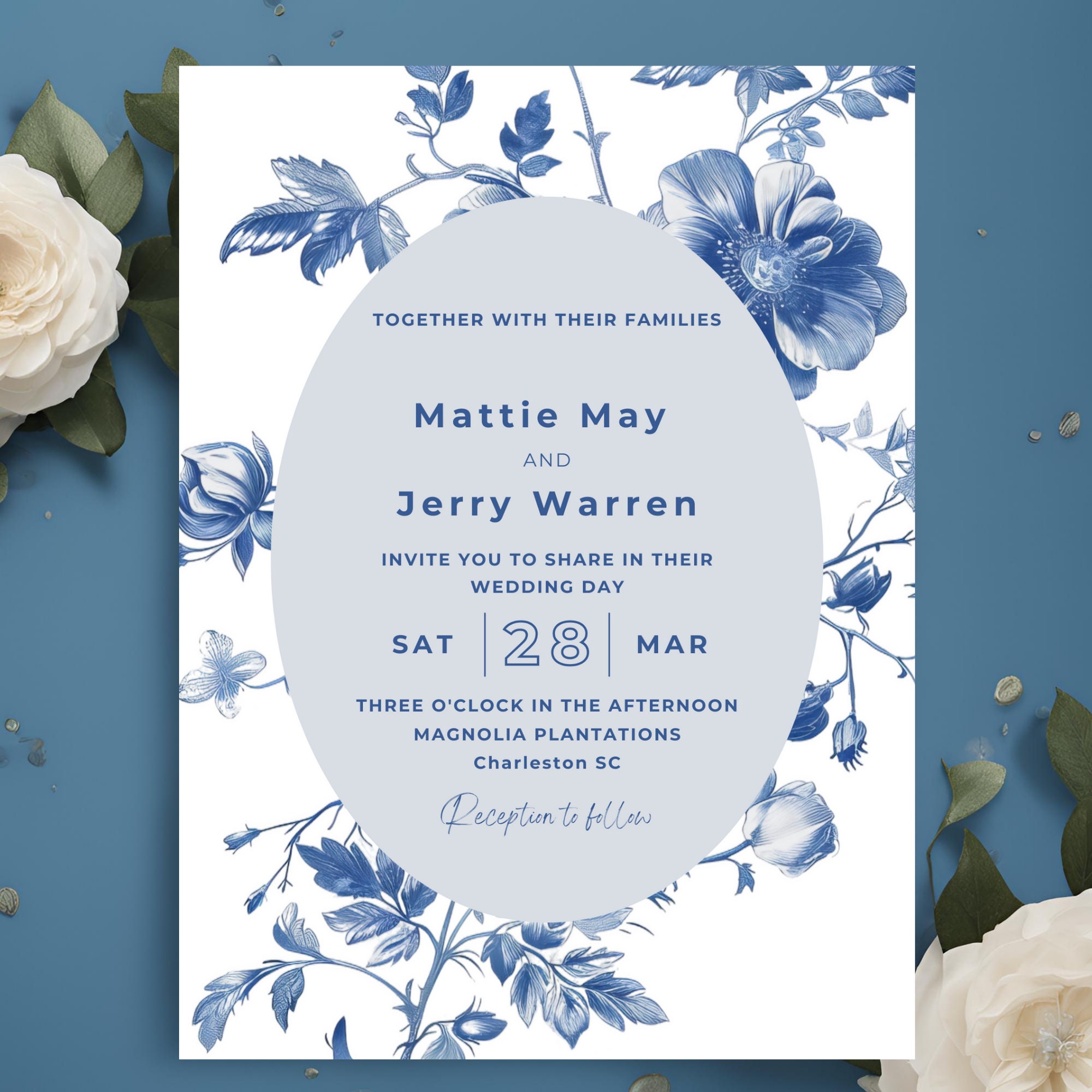 Blue Toile Wedding Invite French Rose Botanical Wedding Invite Dusty ...